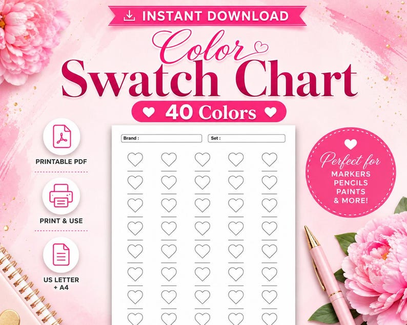 40 Color Swatch Chart Printable, Marker Pencil Tracker (A4 US Letter ...