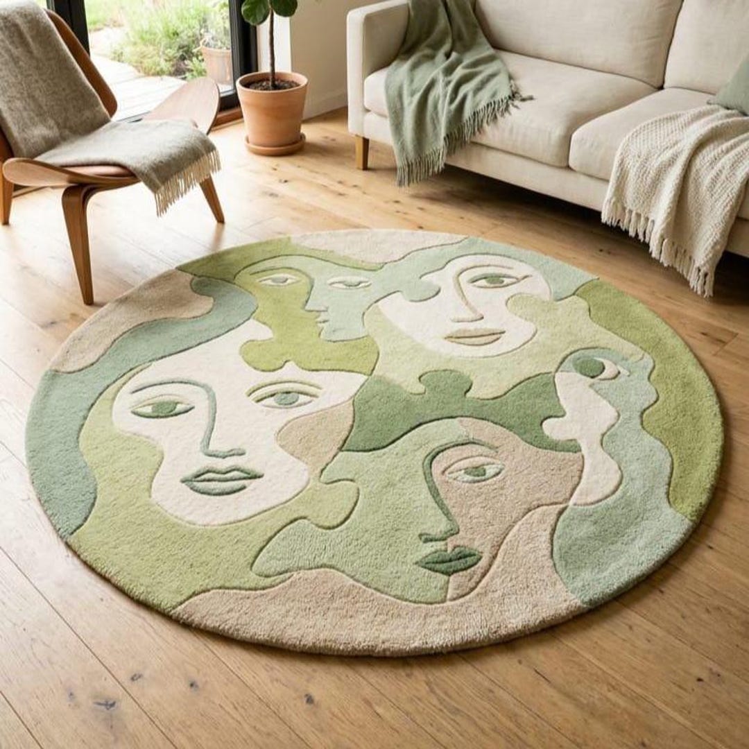 Green Abstract Face Hand Tufted Rug Round Modern Art Rug Sage Olive ...