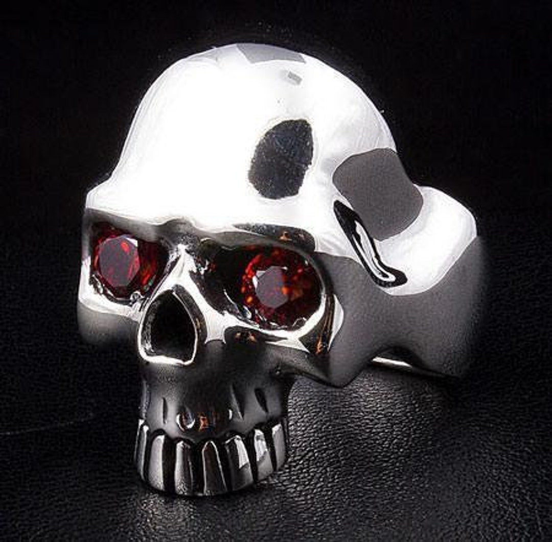 Skull Ring, Rock and Roll Rings, Sterling Silver Skull Ring, Red Eyes ...