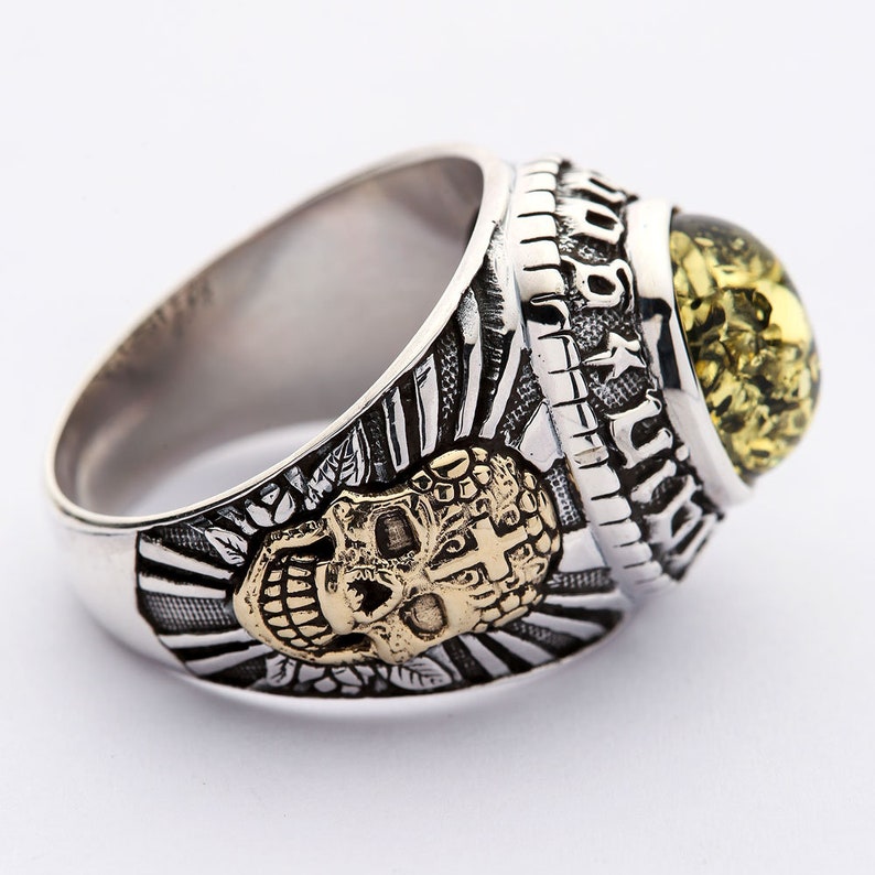 Green Amber Ring Mexican Skull Ring Silver Men's Ring by | Etsy