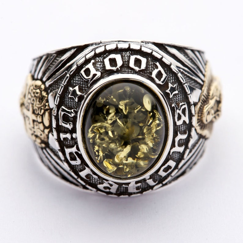 Green Amber Ring Mexican Skull Ring Silver Men's Ring by | Etsy