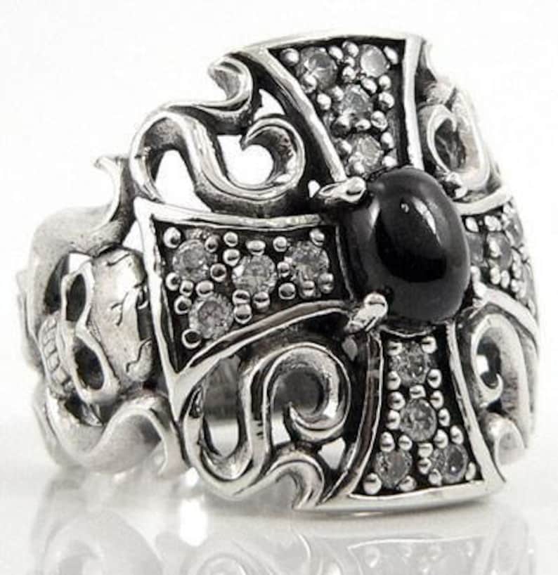 Silver Gothic Ring Skull Ring Diamond Ring Black Onyx Ring - Etsy