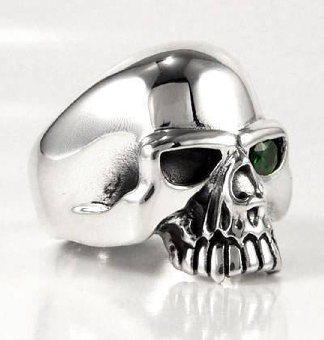 Rock and Roll Ring, Silver Skull Ring, Green Emerald Men's Ring, Rock N ...