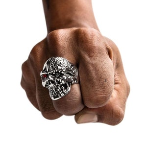 Red Eye Cyborg Skull Ring, Sterling Silver Men's Ring, Biker Ring ...