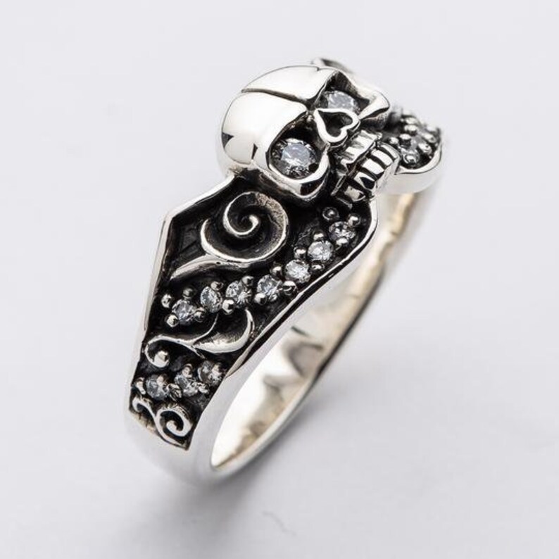 Diamond Skull Engagement Band Ring Sterling Silver Gothic | Etsy