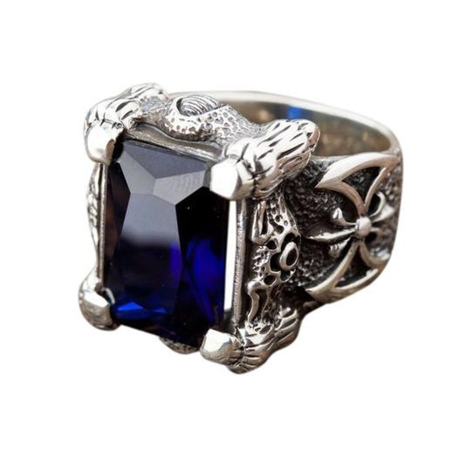 Silver Claw Ring Blue Sapphire Men's Ring Sterling - Etsy