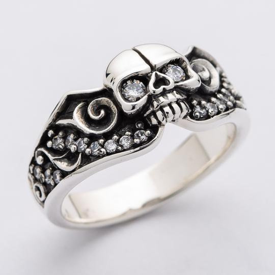 Diamond Skull Engagement Band Ring, Sterling Silver Gothic Ring by ...