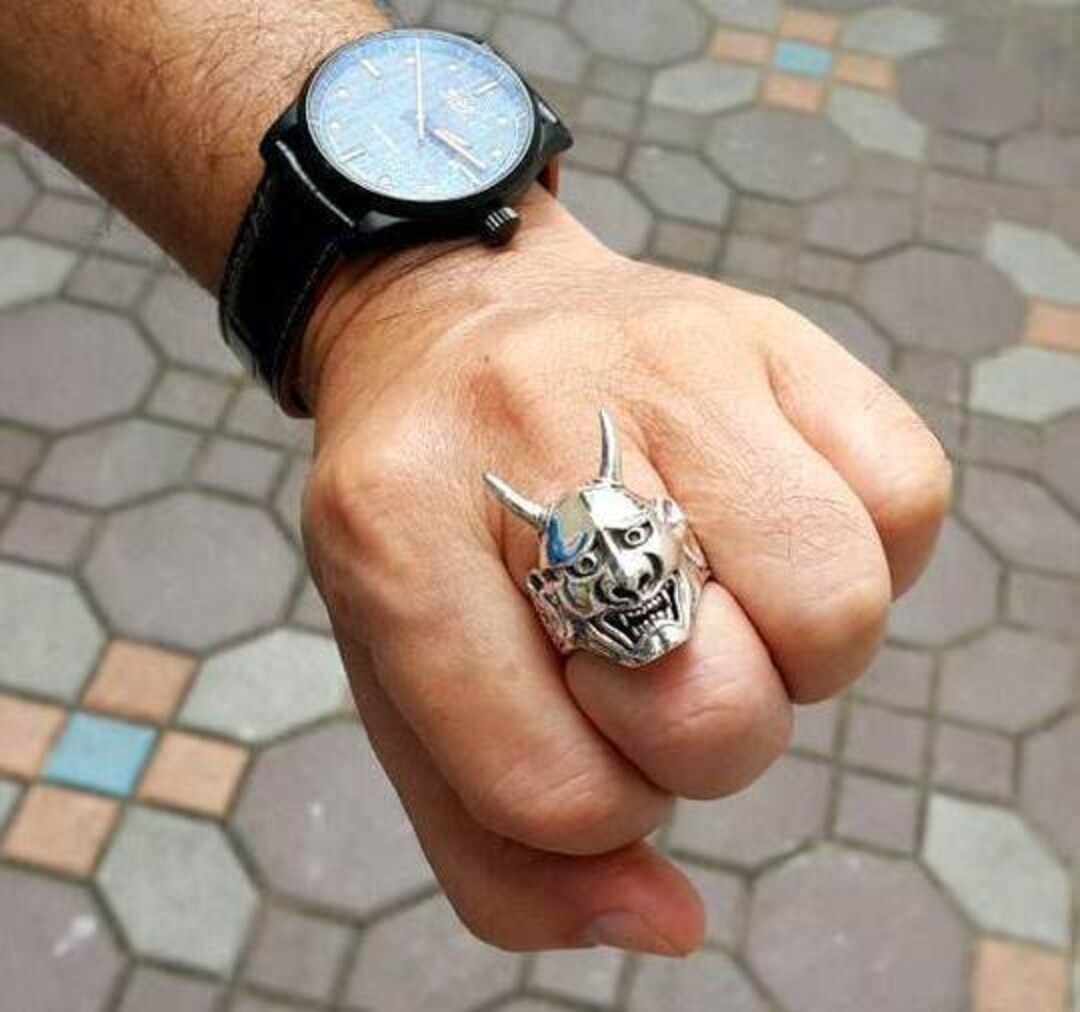 Oni Mask Ring, Japanese Demon Ring, Demon Mask, Sterling Silver Devil ...