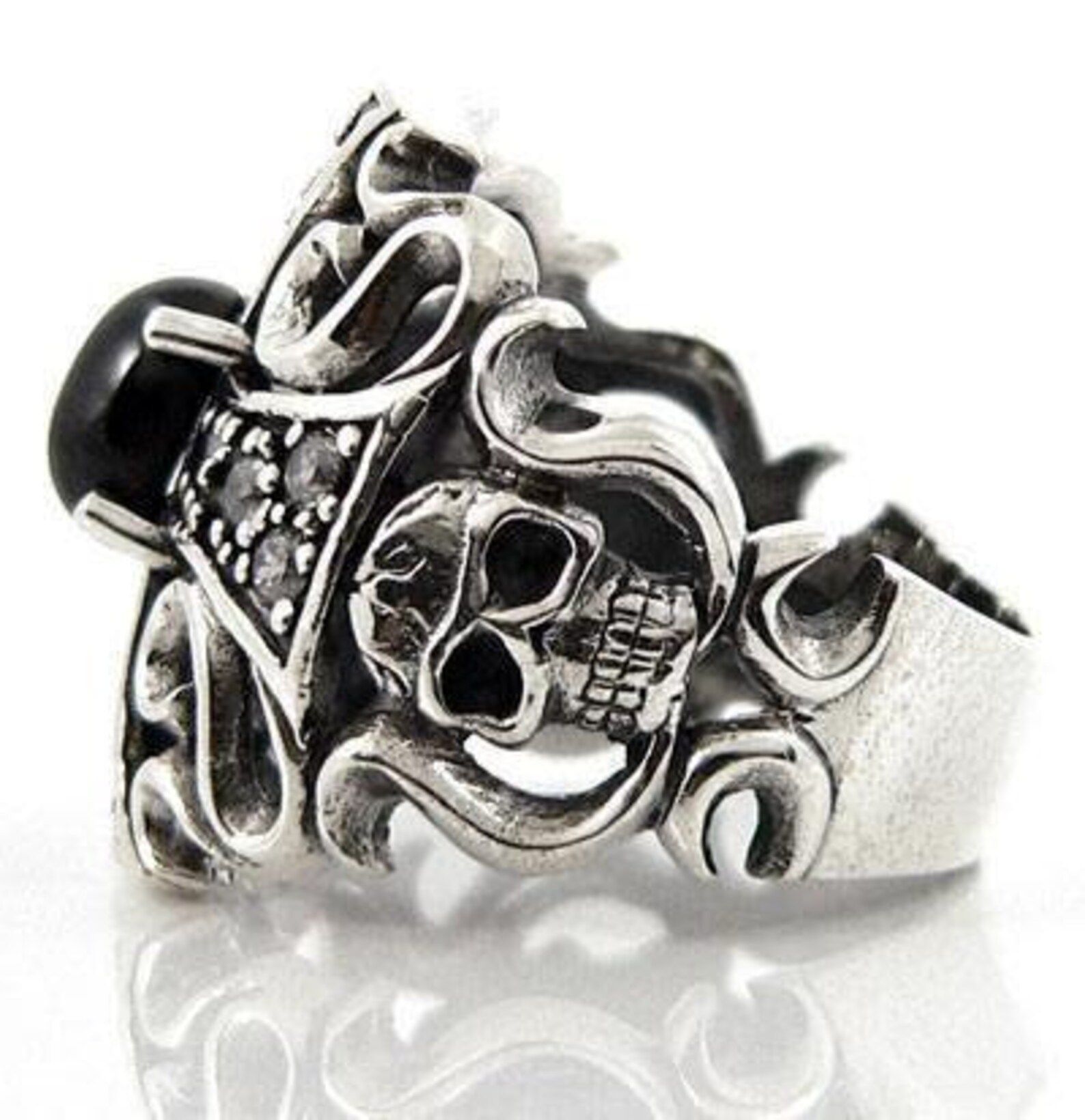 Silver Gothic Ring Skull Ring Diamond Ring Black Onyx Ring - Etsy