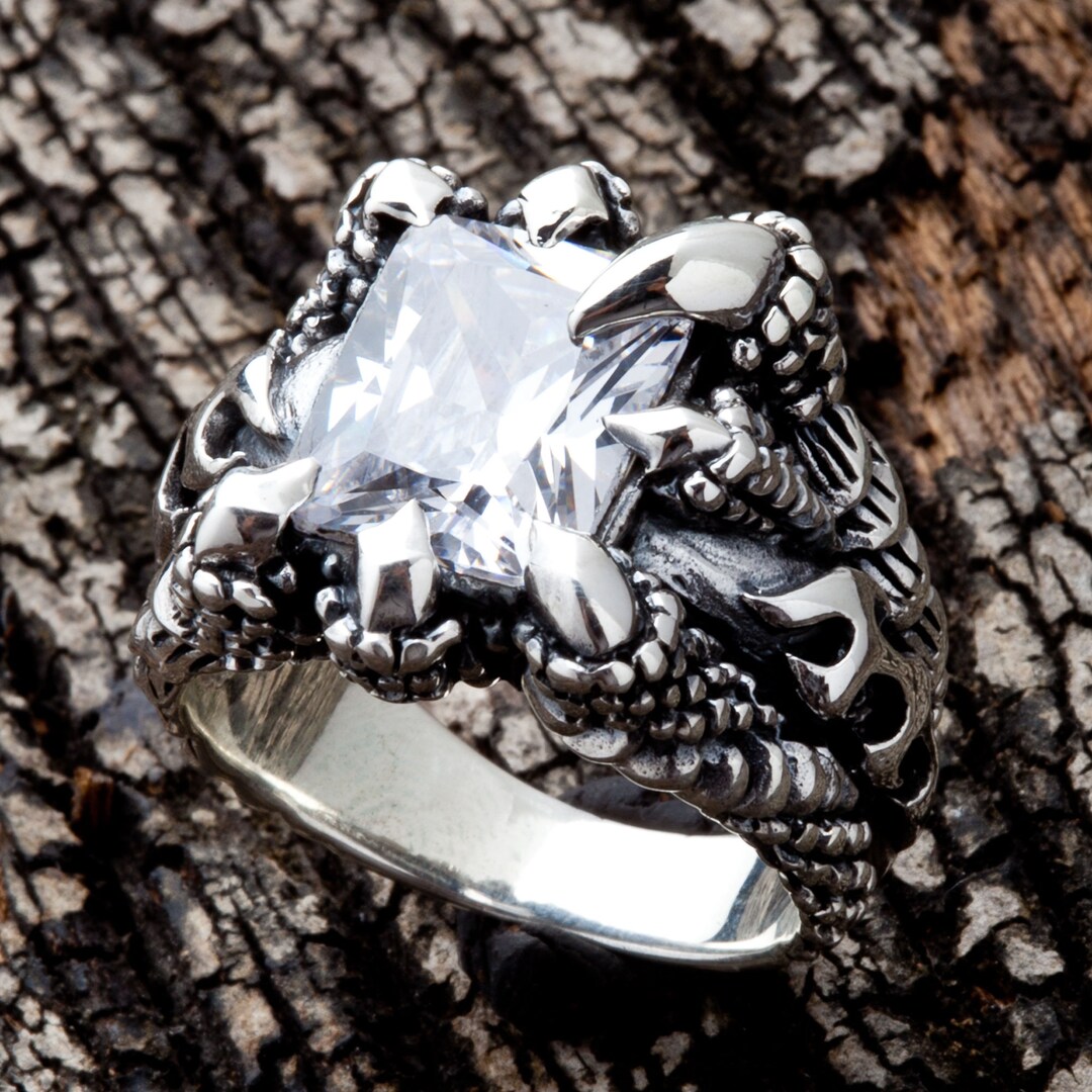 Gothic Ring, Diamond Claw Ring, Silver Ring, White Clear Topaz Mens ...