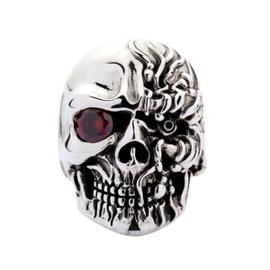 Red Eye Cyborg Skull Ring, Sterling Silver Men's Ring, Biker Ring ...
