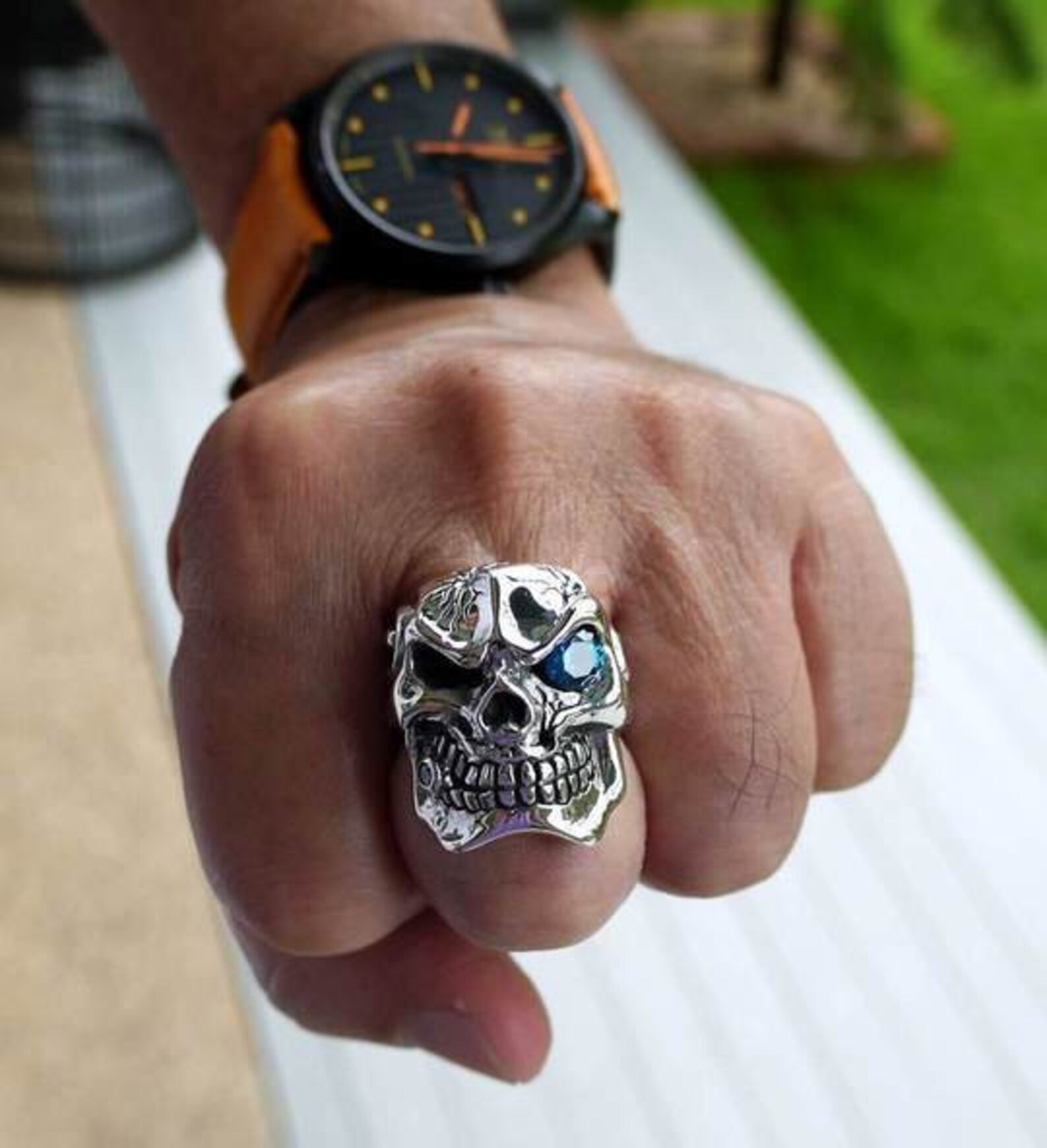 Blue Eye Skull Ring Sterling Silver Blue Topaz Men's - Etsy