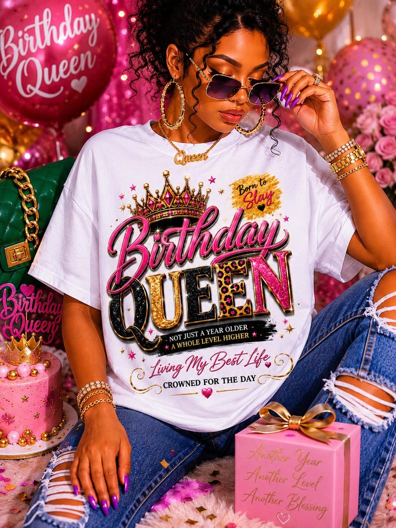Birthday Queen PNG Graphic | Glam Pink Crown, Gold Glitter, Leopard ...