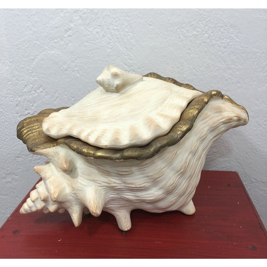 Vintage Atlantic Mold Conch Shell Seashell With Lid Realistic Gold Rim ...
