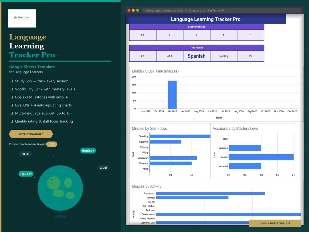 Language Learning Tracker Google Sheets | Study Log Vocabulary Bank ...