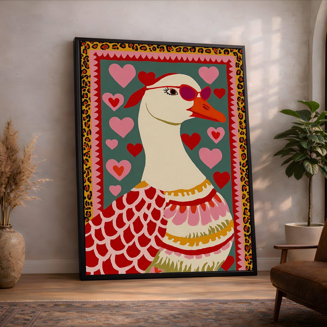 Chic Duck Portrait Canvas Wall Art, Retro Animal Print, Love Heart ...