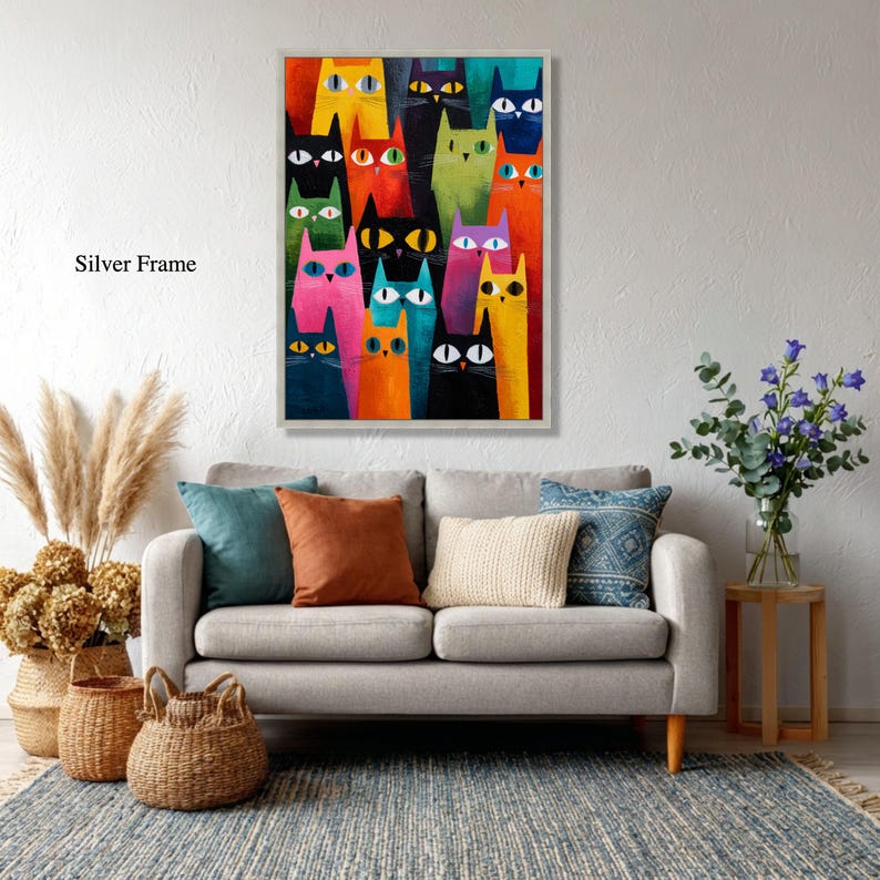Colorful Cat Portraits Canvas Wall Art, Modern Abstract Feline ...