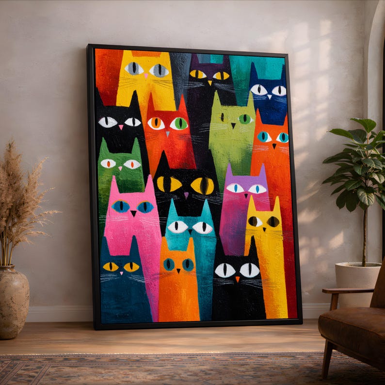 Colorful Cat Portraits Canvas Wall Art, Modern Abstract Feline ...