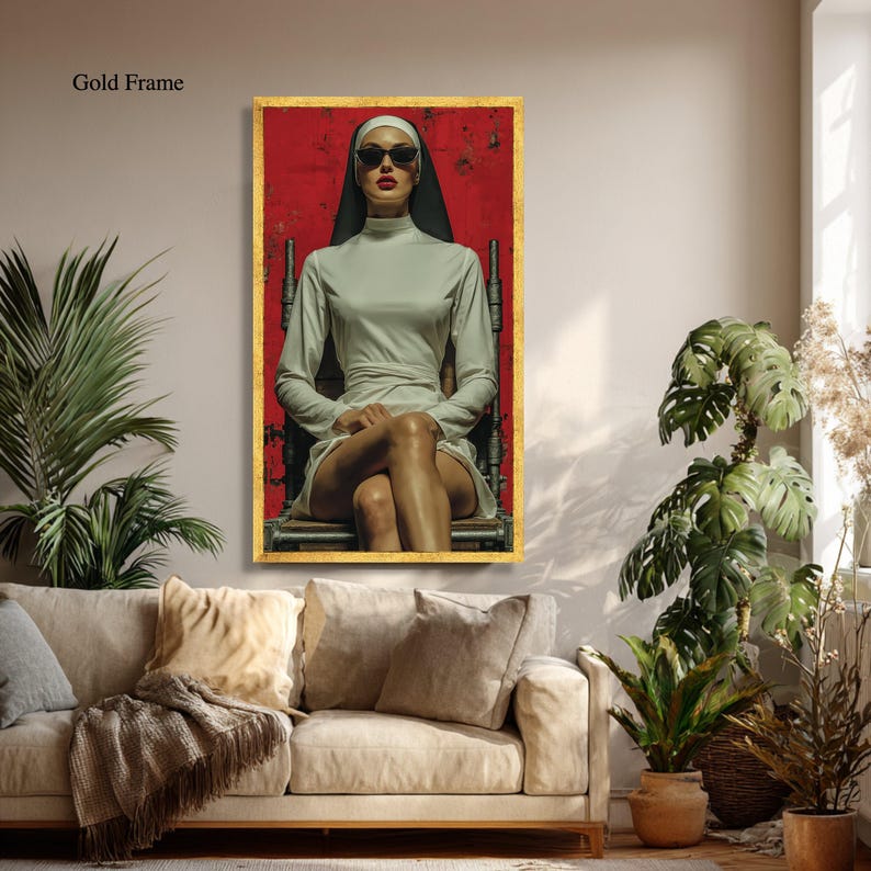 Modern Nun Portrait Canvas, Bold Red Background Wall Art, Fashionable ...