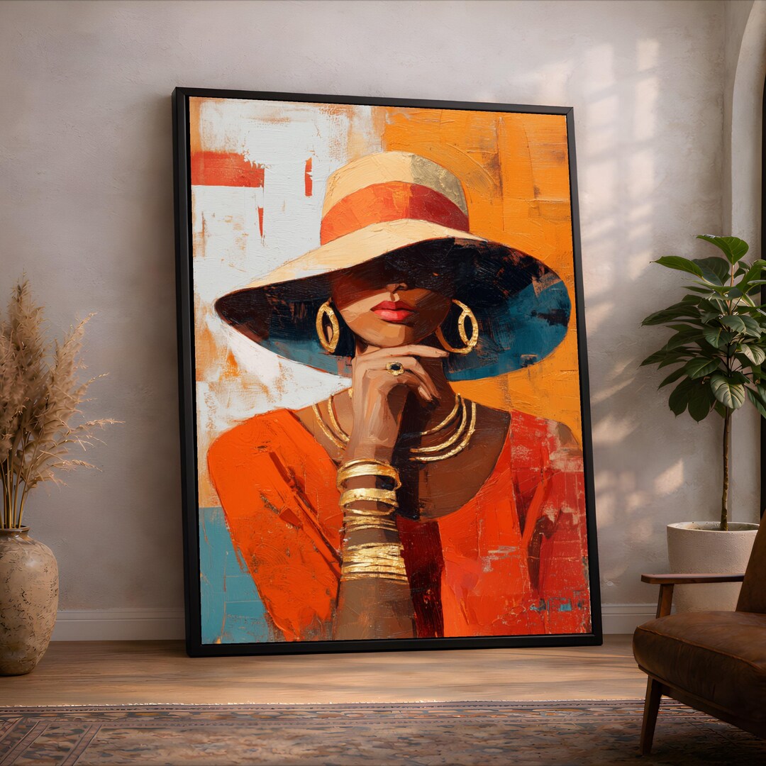 Elegant Woman in Wide Brim Hat Canvas, Modern Portrait Wall Art, Gold ...