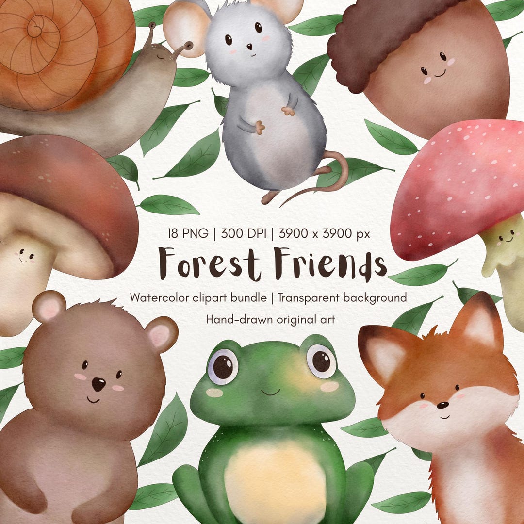 Watercolor Forest Friends Clipart – Colorful Woodland Animal PNG ...