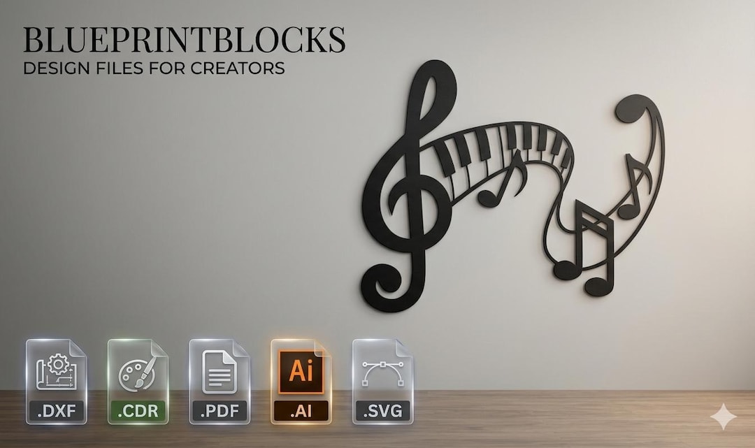 Music Notes Piano Keys Wall Art, Treble Clef Laser Cut File (digital ...