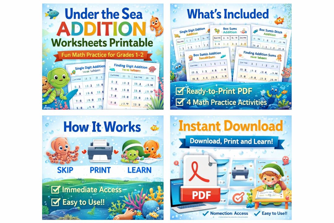 Under the Sea Addition Worksheets Printable Math Activity (digital ...