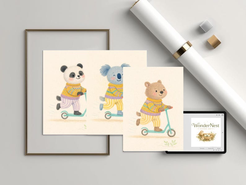 Animal Scooter Prints Set of 3 – Bear, Panda & Koala Nursery Wall Art ...
