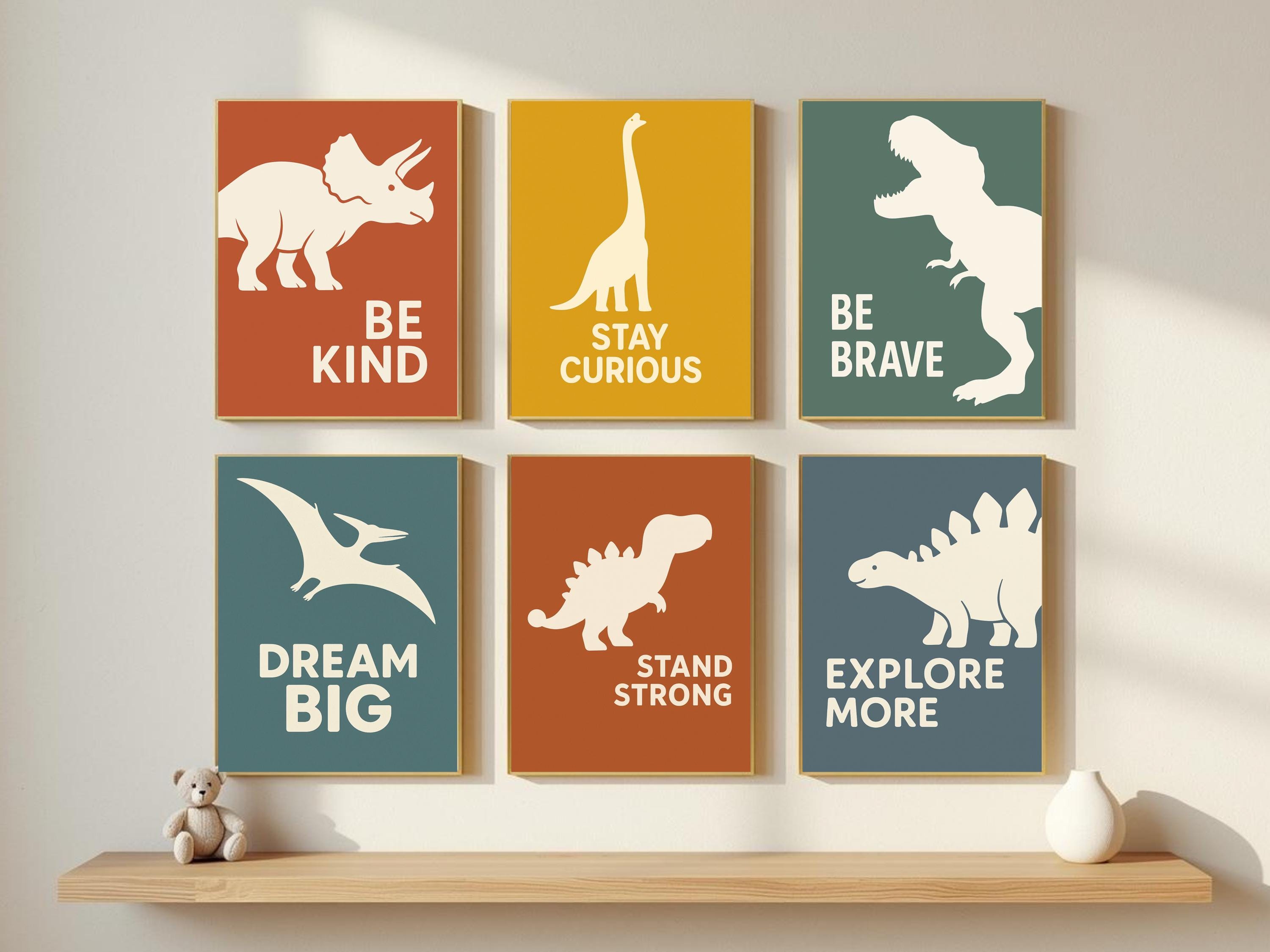Be Brave Dinosaur Wall Art Set of 6 – Minimalist Retro Dino Quotes (t ...