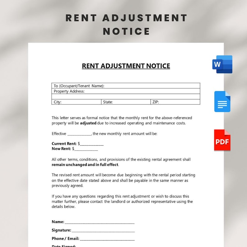 Rent Adjustment Notice Template – Editable DOCX + PDF | Instant ...