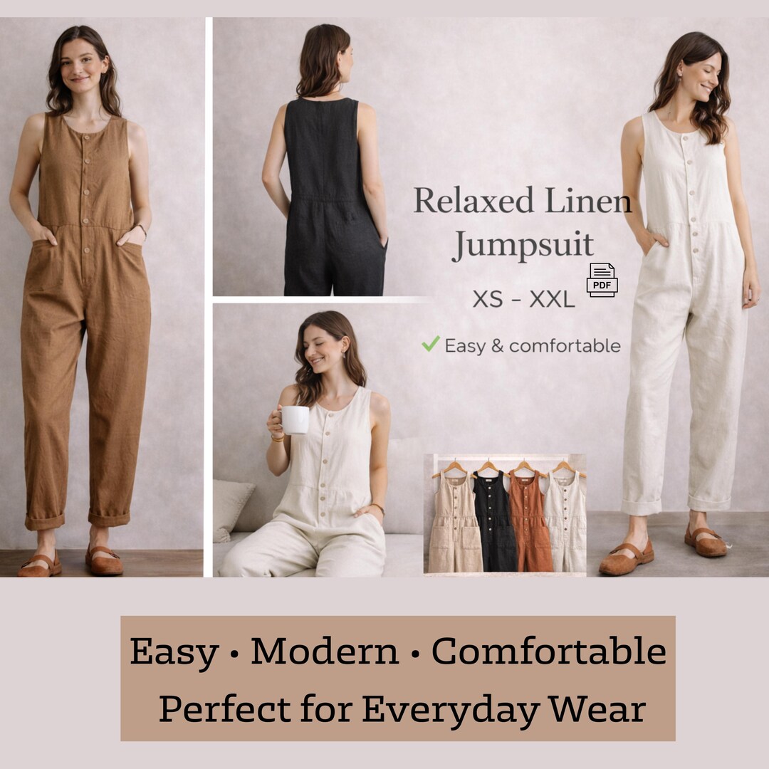 Linen Jumpsuit Sewing Pattern PDF, Sleeveless Overalls Pattern With ...