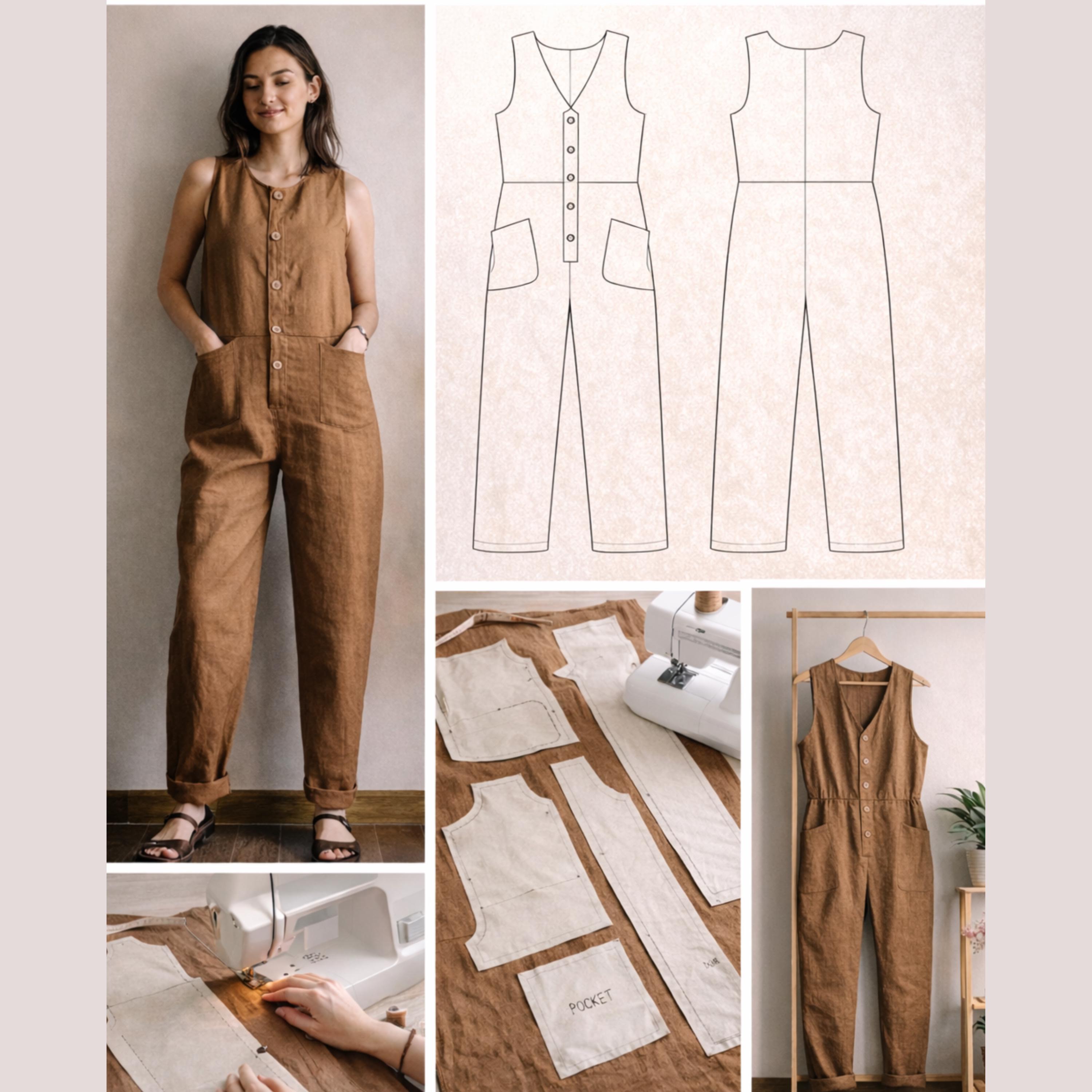 Linen Jumpsuit Sewing Pattern PDF, Sleeveless Overalls Pattern With ...