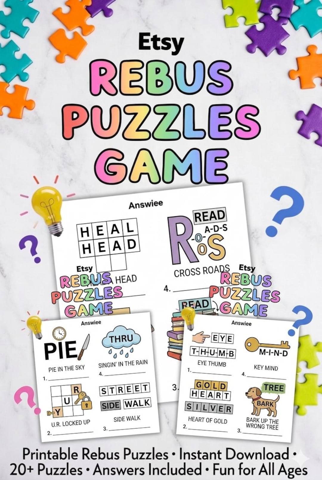 Printable Rebus Puzzles Game Bundle, Picture Quiz (digital Download ...