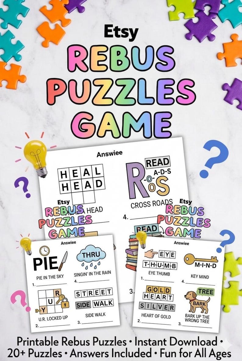 Printable Rebus Puzzles Game Bundle, Picture Quiz (digital Download ...