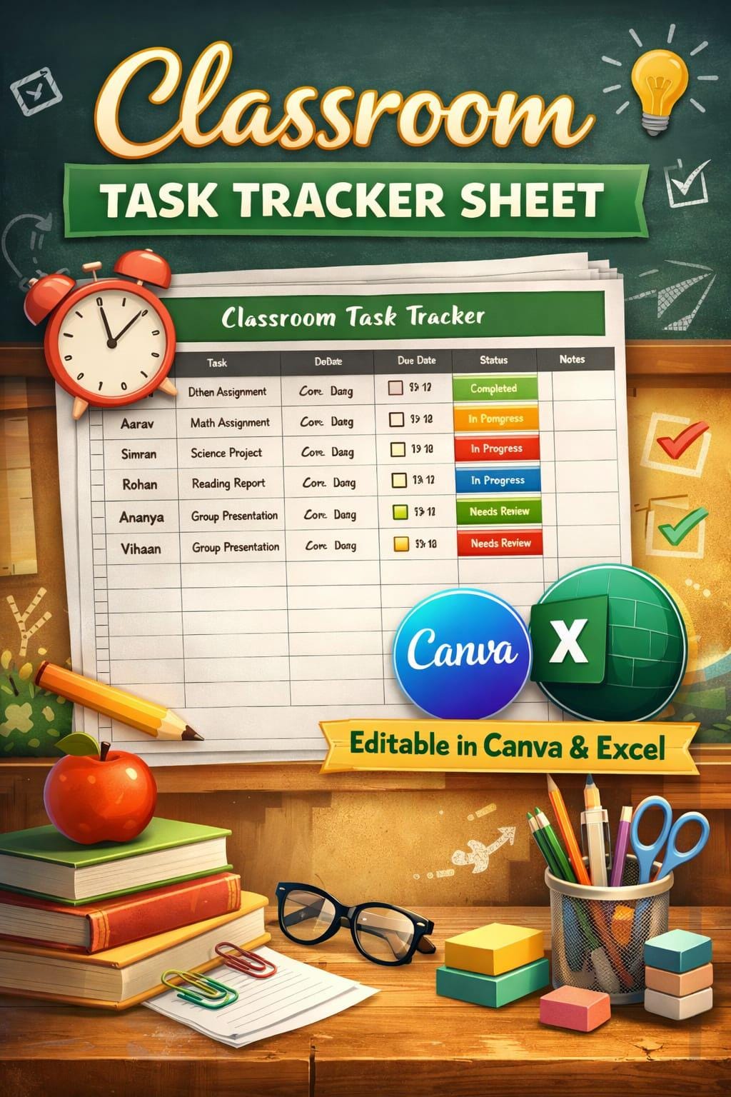 Classroom Task Tracker Sheet Canva Template, Student Assignment ...