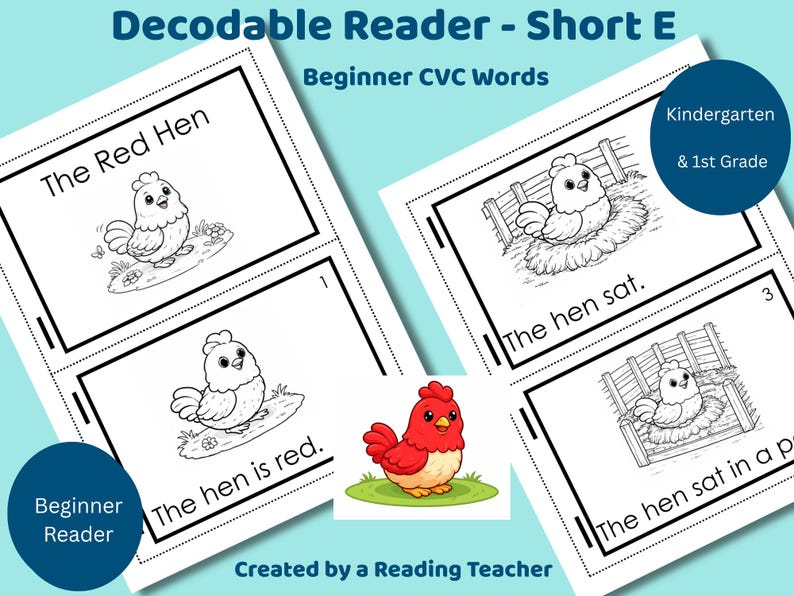 CVC Decodable Reader Short E | the Red Hen | Beginning Reader Book ...