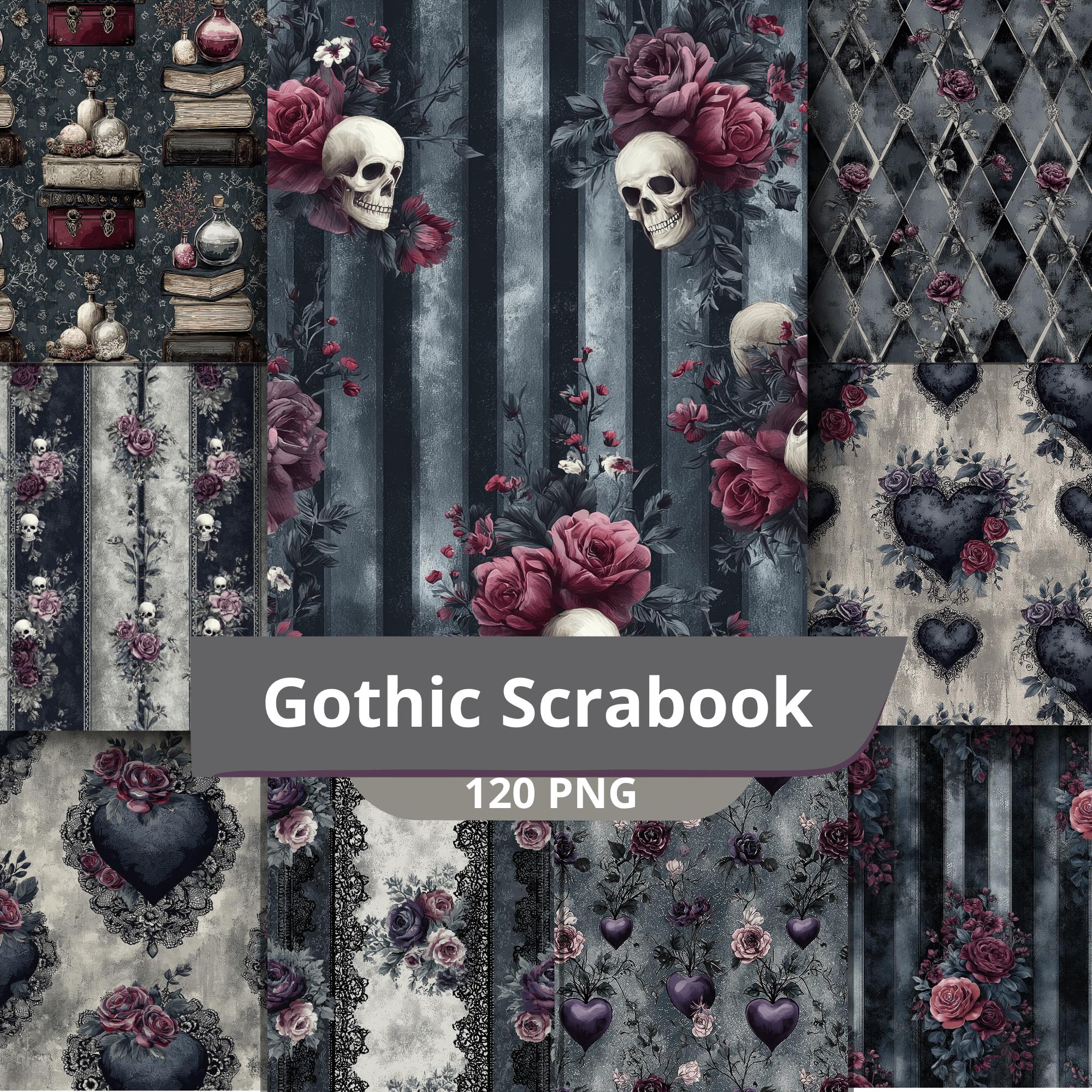 Gothic Digital Paper Bundle, 120 PNG Files, Dark Floral, Skulls, Hearts ...