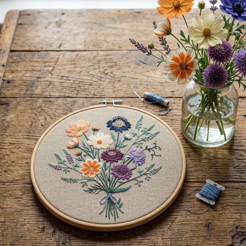 Cosmos & Pincushion Floral Embroidery Pattern – Beginner/intermediate ...