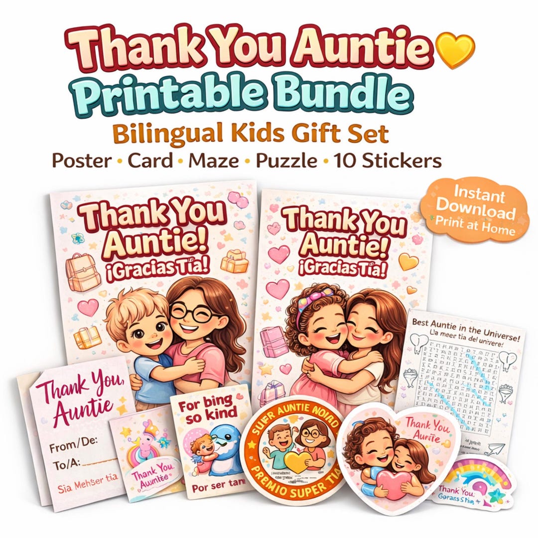 Bilingual Auntie Thank You Printable Bundle: Poster, Cards, Badges ...