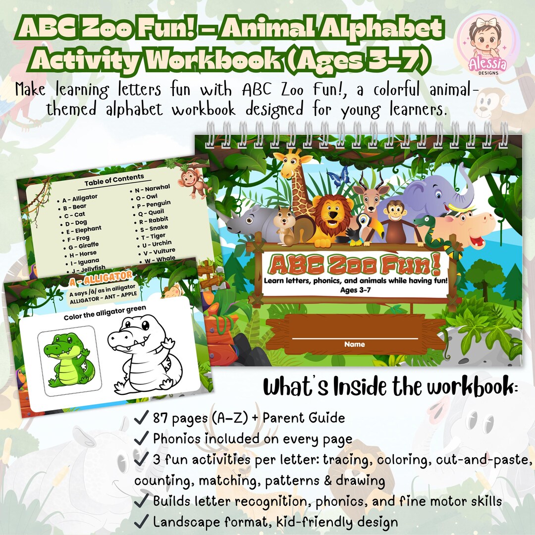 ABC Zoo Fun! – Animal Alphabet Activity Workbook (ages 3–7)- A4 Size - Etsy