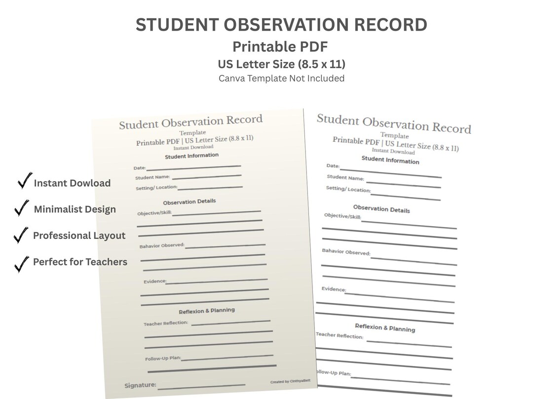 Student Observation Record | Preschool & Toddler | Printable PDF 8.5x11 ...