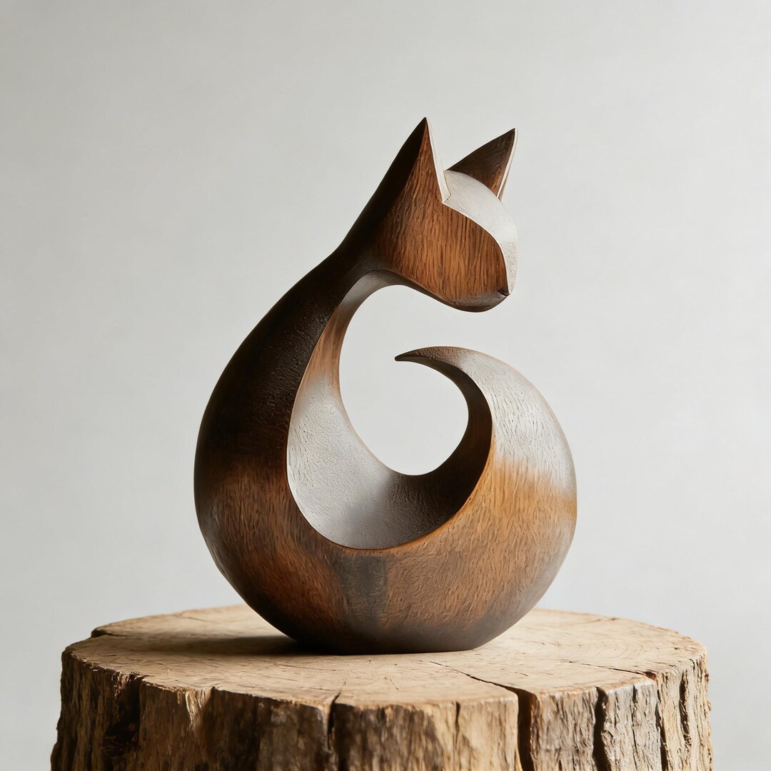 Handcarvedwooden Cat Sculpture,minimalist Walnut Finish Kitty Figurine ...