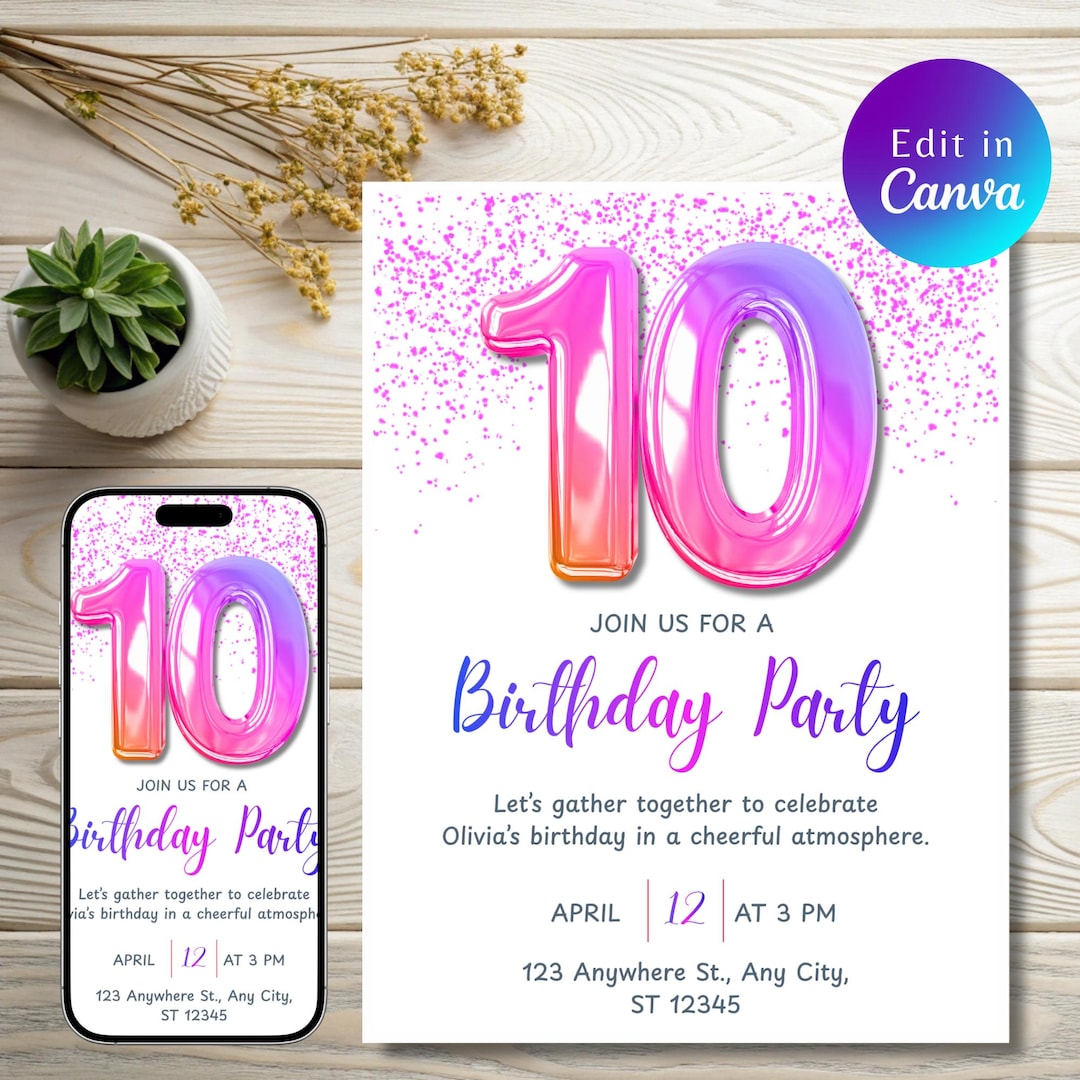 10th Birthday Invitation Girl Editable Pink Purple Glitter Canva ...
