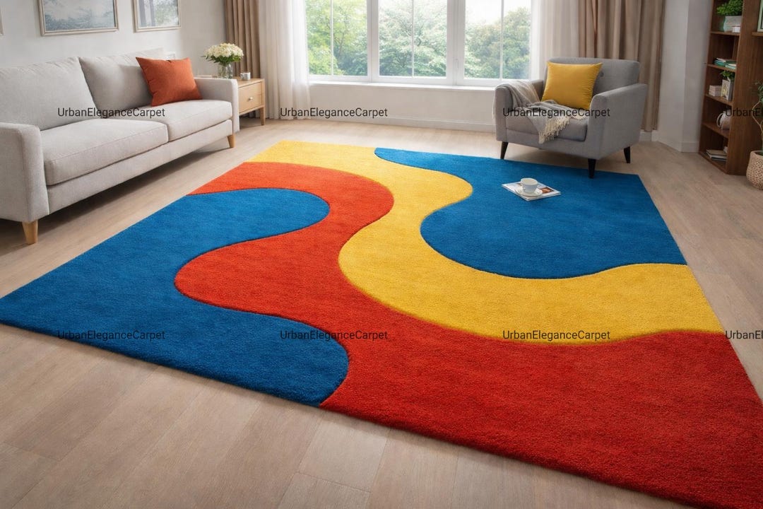 Mid Century Modern Abstract Area Rug, Colorful Wavy Pattern Carpet for ...