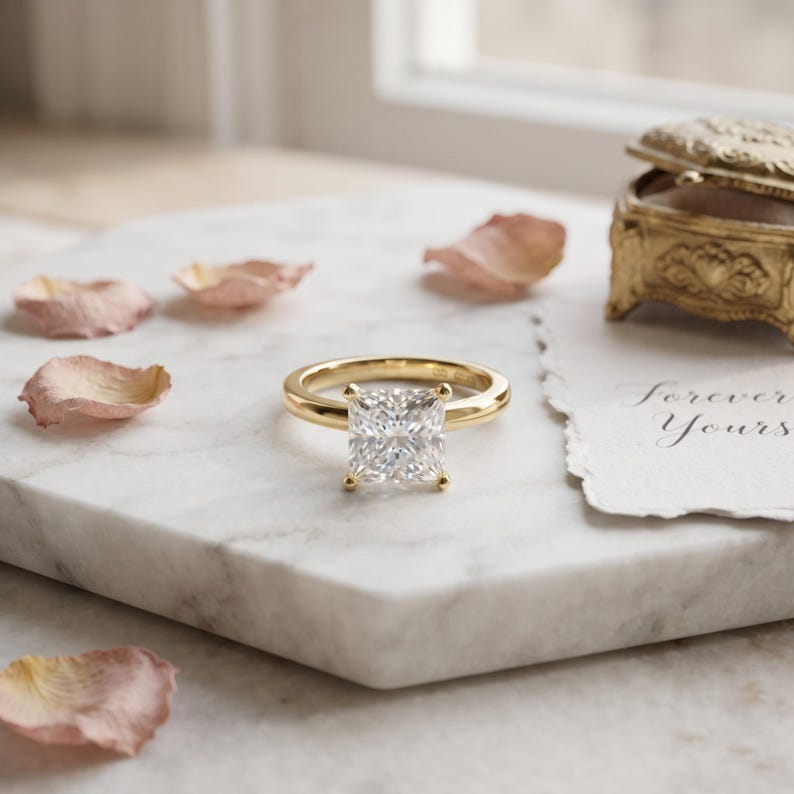 Square Princess Moissanite Solitaire Ring, 14K Gold Plated Sterling ...