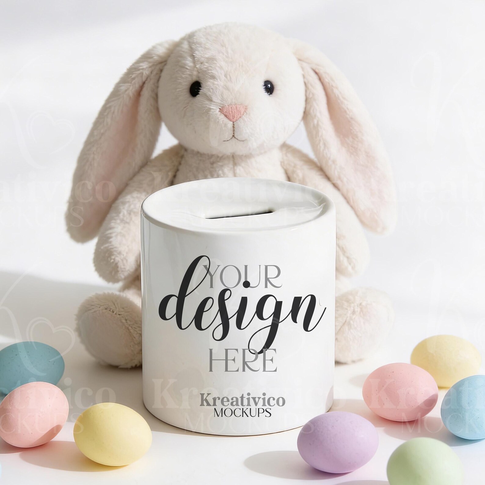 Easter Money Box Mockup With Bunny | White Ceramic Piggy Bank ...