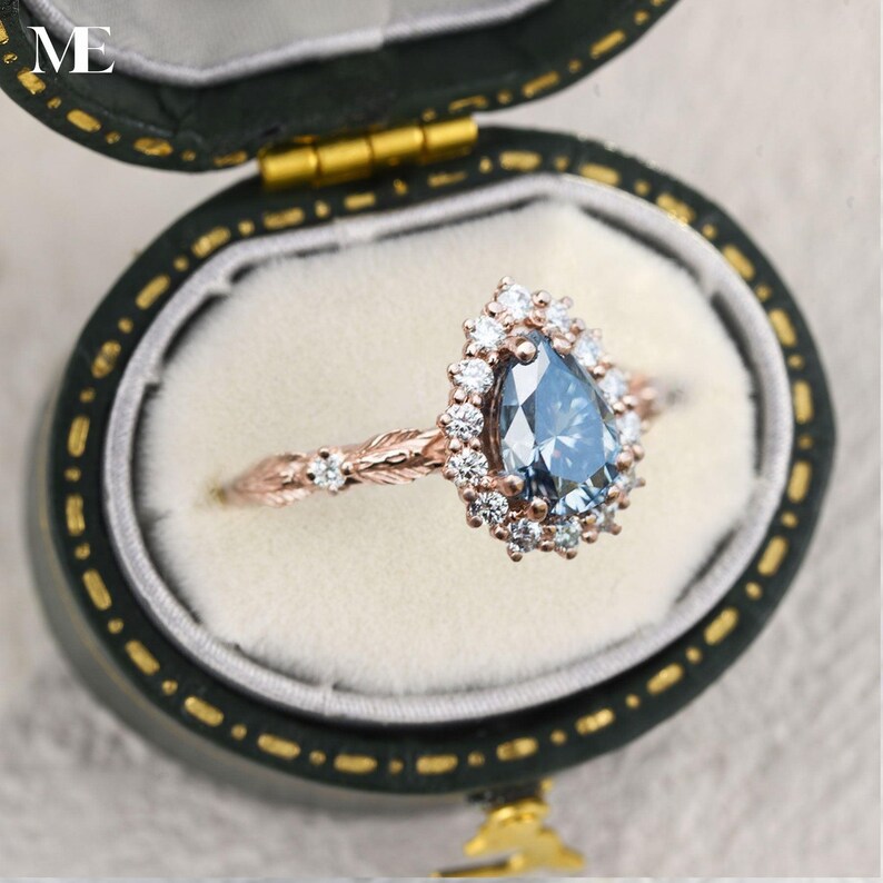 Blue Grey Pear Moissanite Halo Ring, Leaf-inspired Engagement Band - Etsy