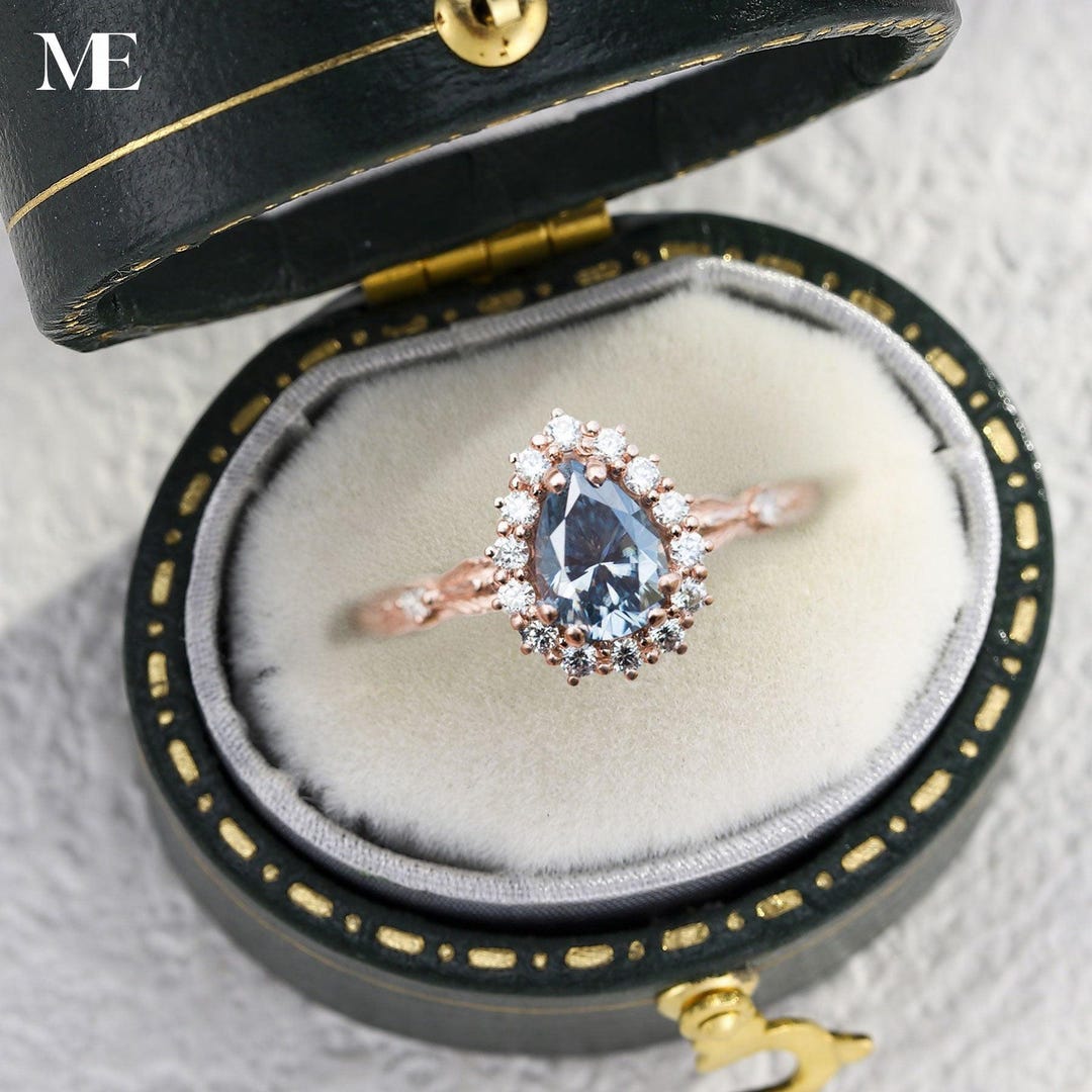 Blue Grey Pear Moissanite Halo Ring, Leaf-inspired Engagement Band - Etsy