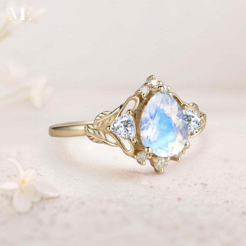 Pear Moonstone Ring, Moissanite Leaf Design, Gold Anniversary Ring - Etsy