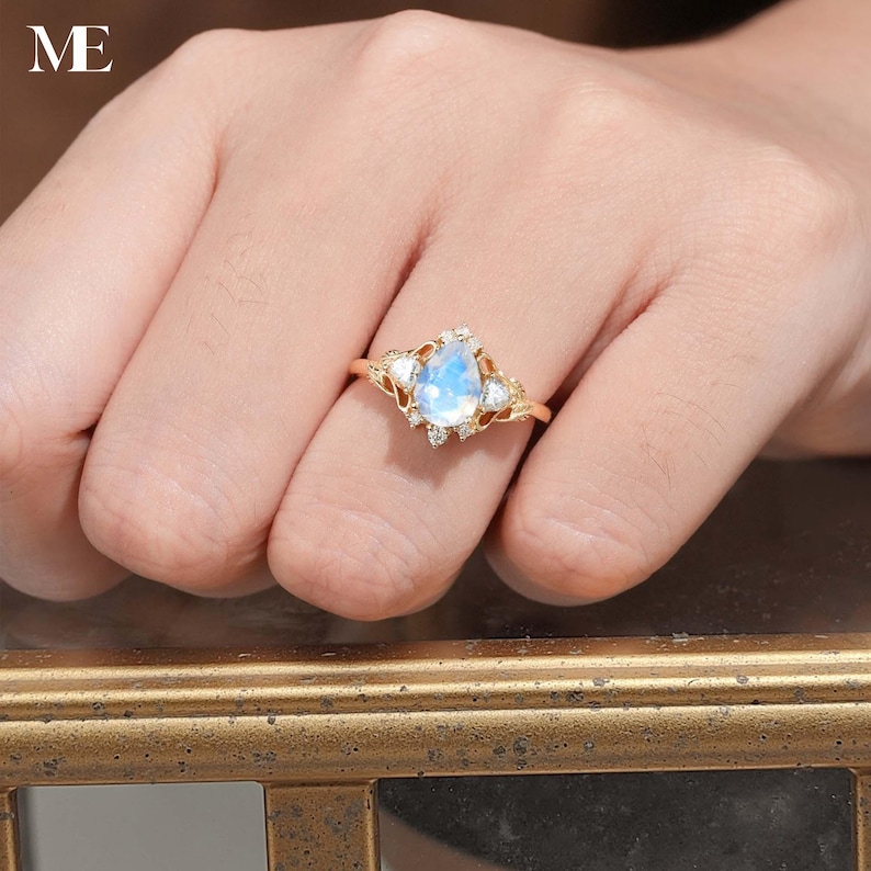 Pear Moonstone Ring, Moissanite Leaf Design, Gold Anniversary Ring - Etsy